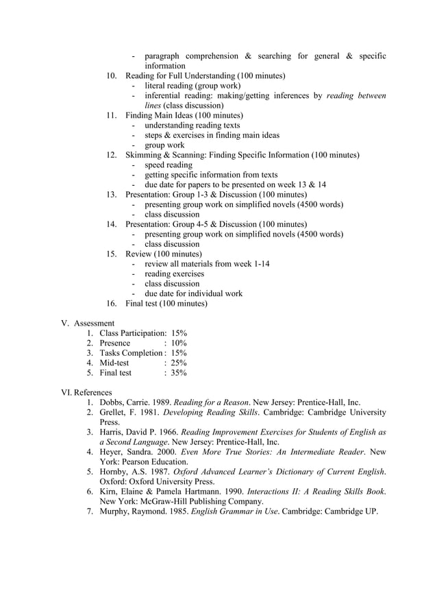 Outline of Intensive Reading Course for College STudents | PDF