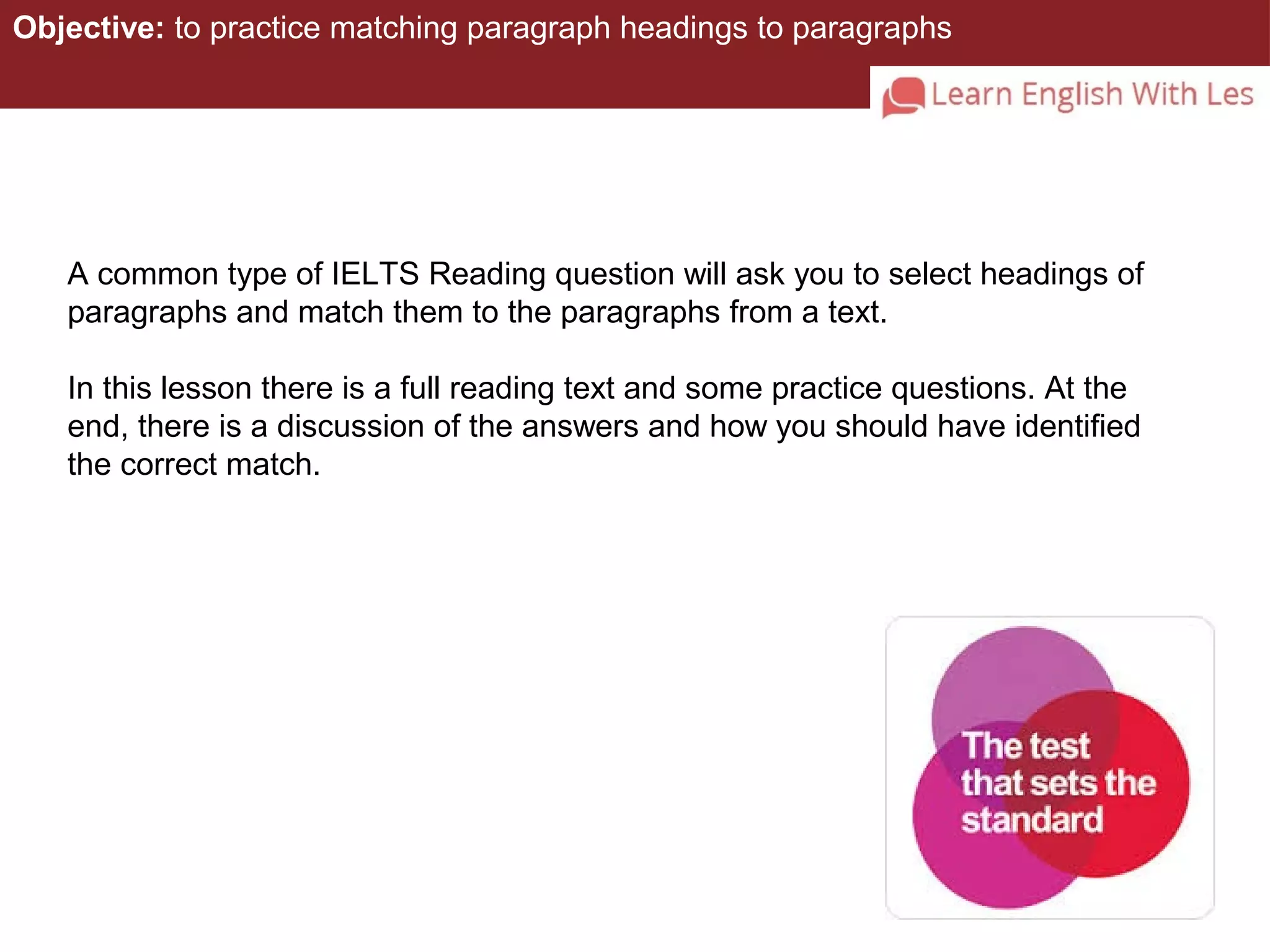 Reading lesson 1 matching paragraph headings | PPT Reading lesson 1 matching paragraph headings | PPT