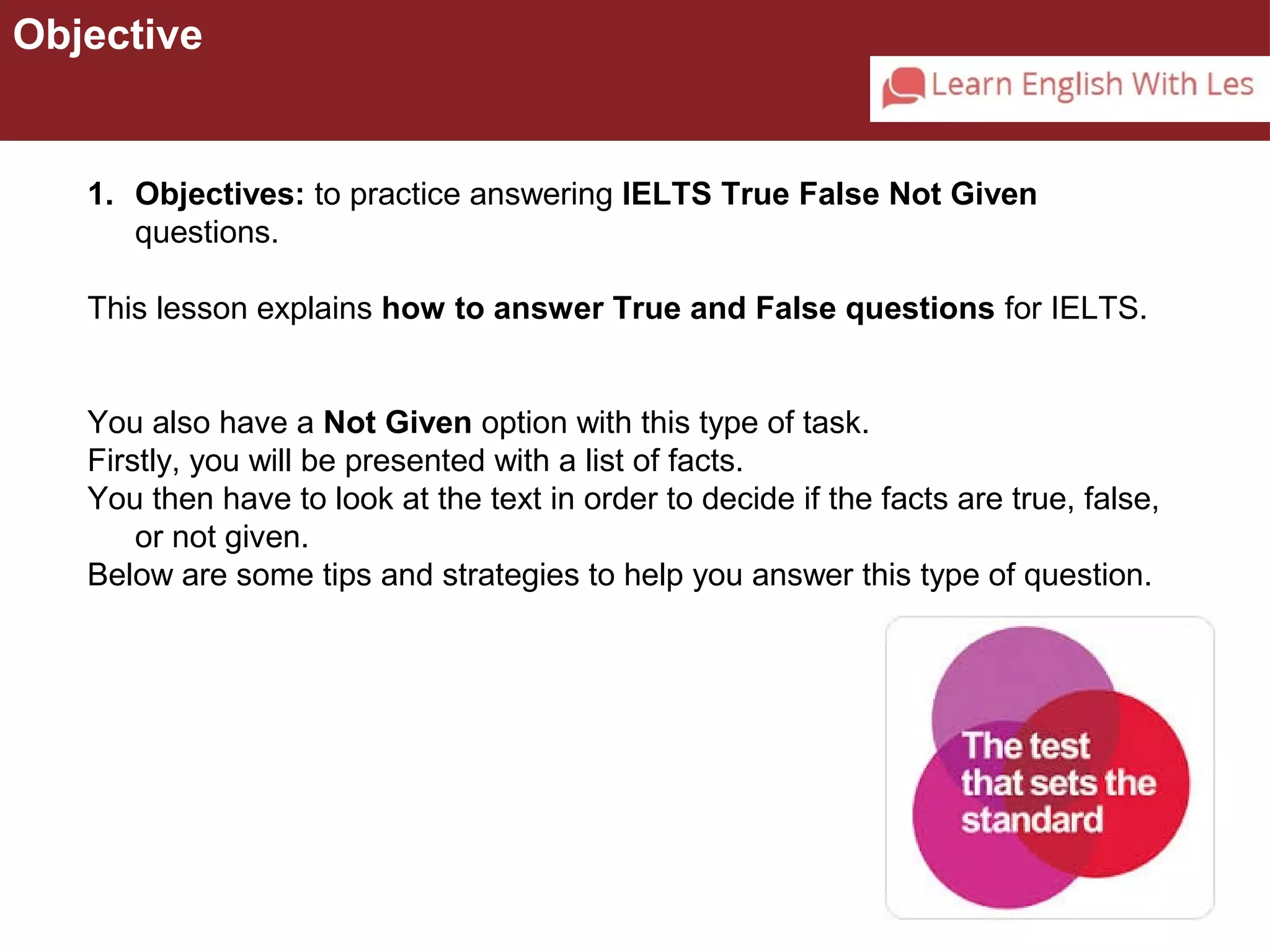Reading lesson 3 true false not given | PPT