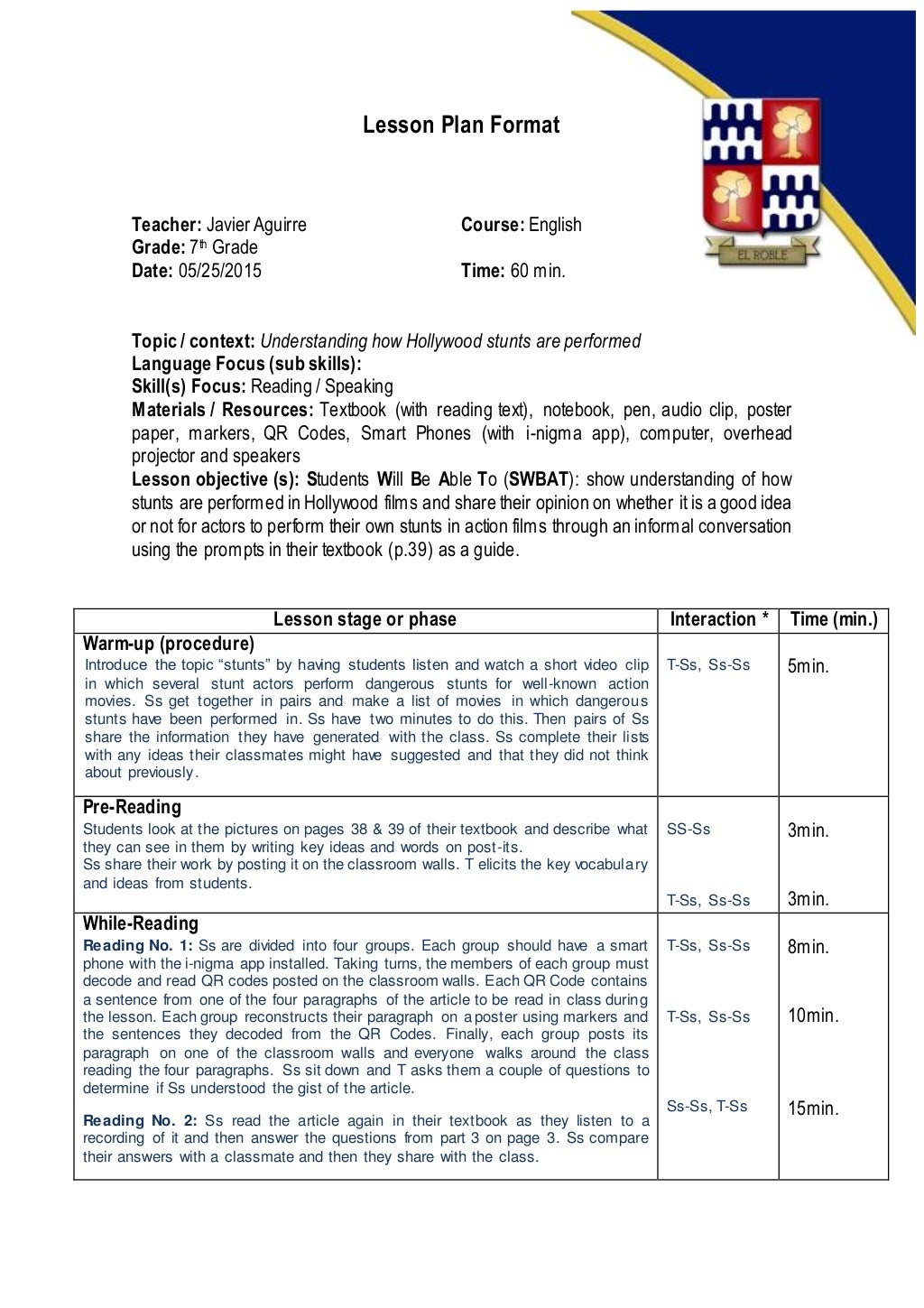 Reading Lesson Plan Reading Lesson Plan