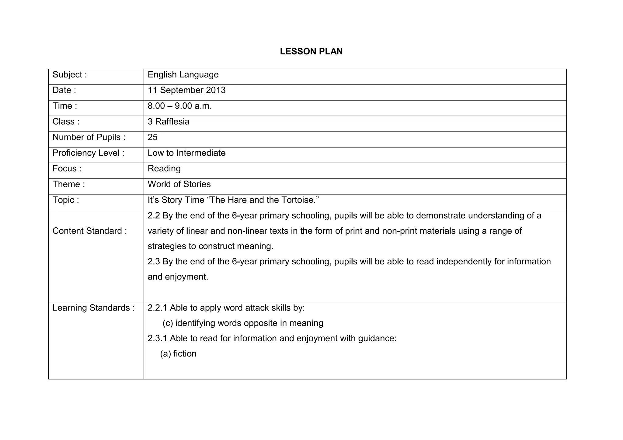 Reading lesson plan year 3 | DOCX