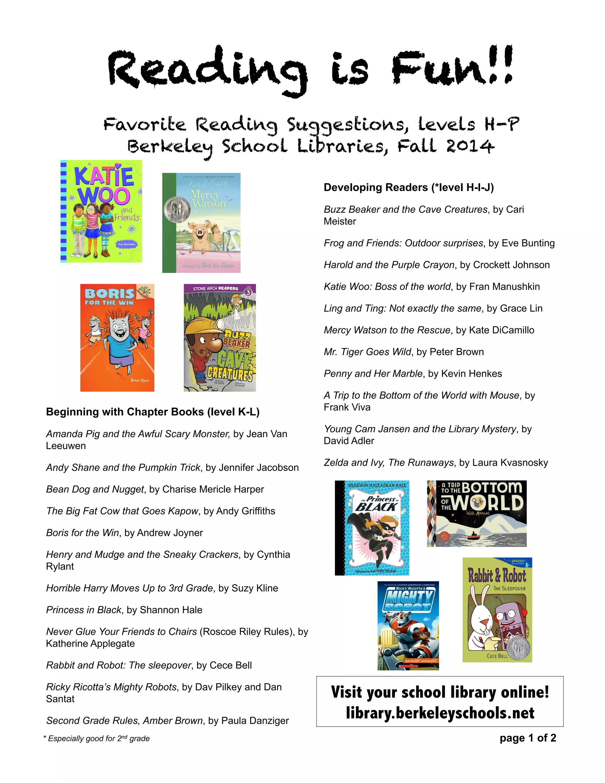 2nd grade Reading Recommendations: Fall 2014 | PDF