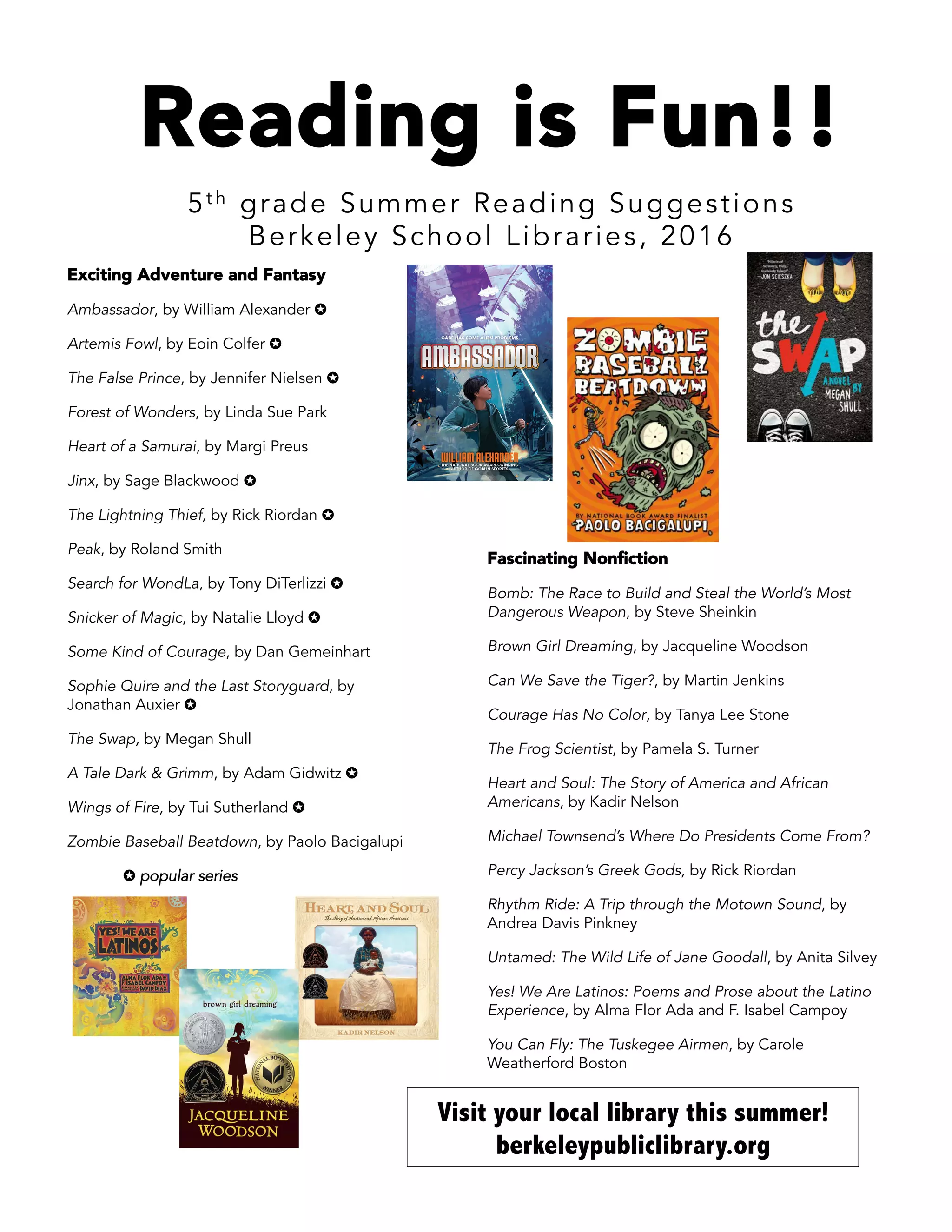 Summer Reading List: 5th grade 2016 | PDF