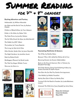 2018 Summer Reading for 7th & 8th graders | PDF