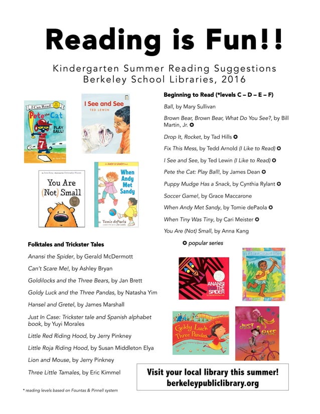 Summer Reading List: Kindergarten 2016 | PDF | Free Download