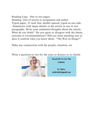 Reading Logs One to two pages.Heading title of article or assig.docx