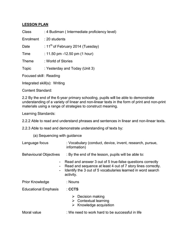 lesson plan reading year 4 kssr | PDF