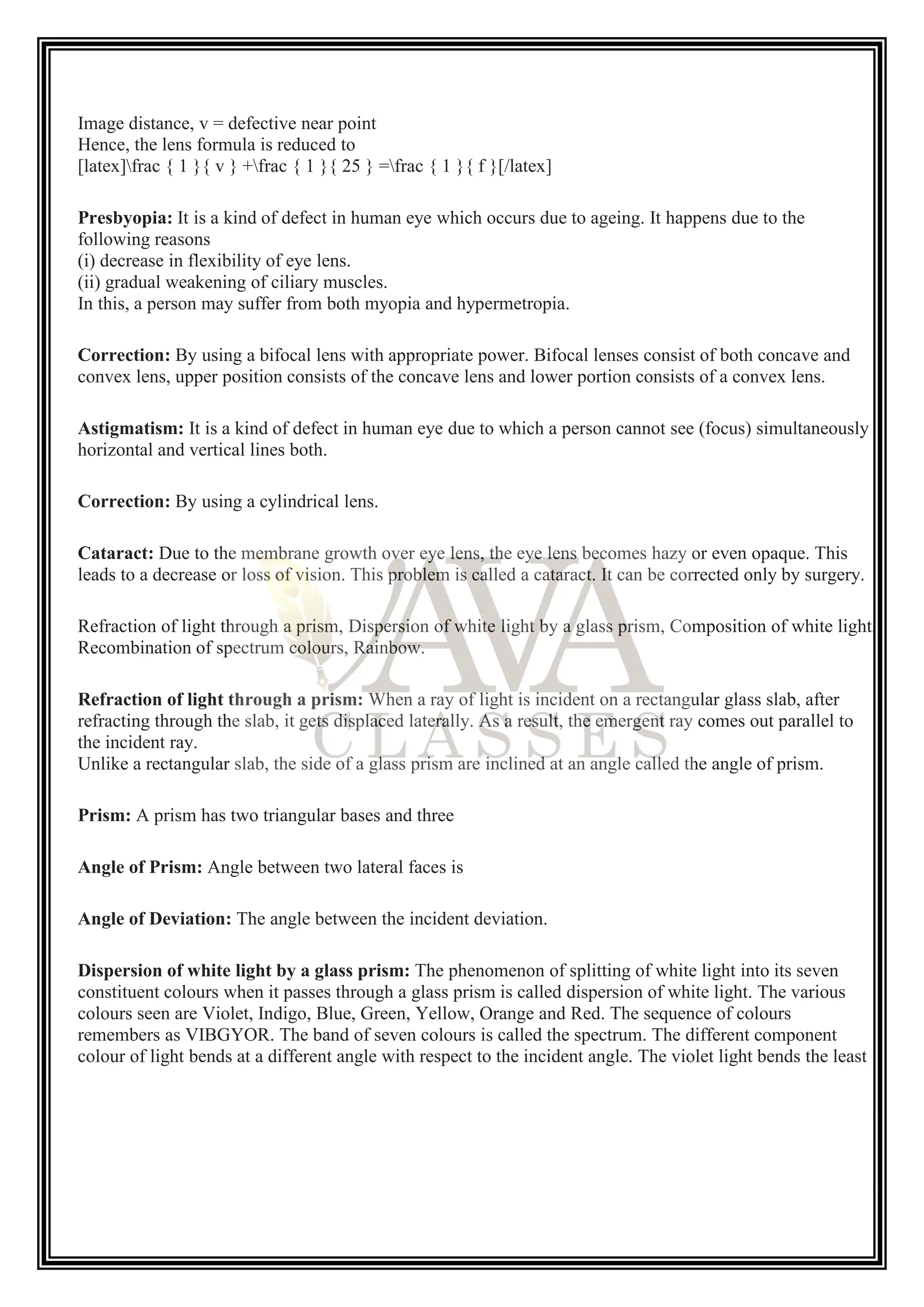 Free Study material on Human eye and colourful world pdf download | PDF