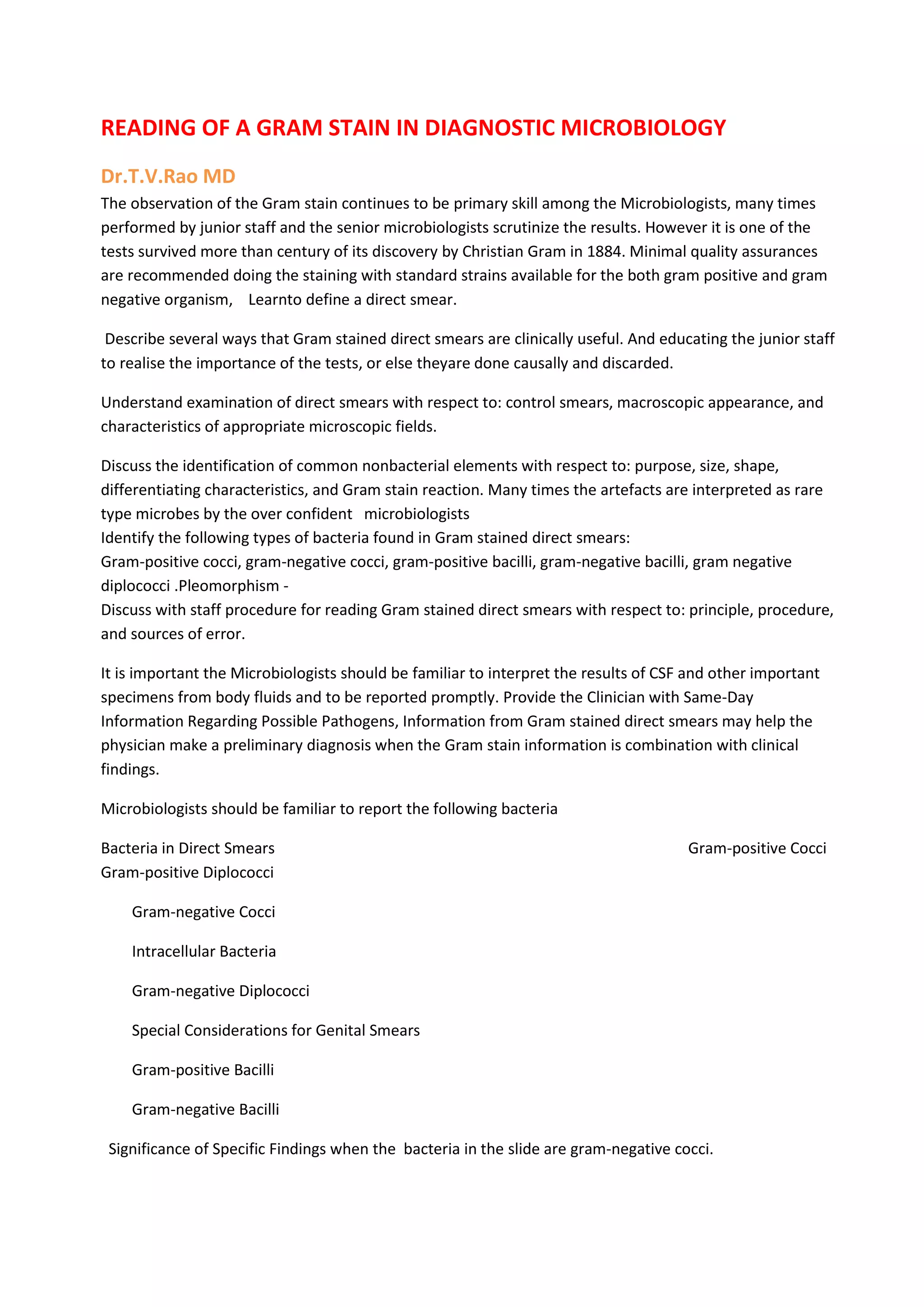 Reading of a gram stain in diagnostic microbiology | PDF