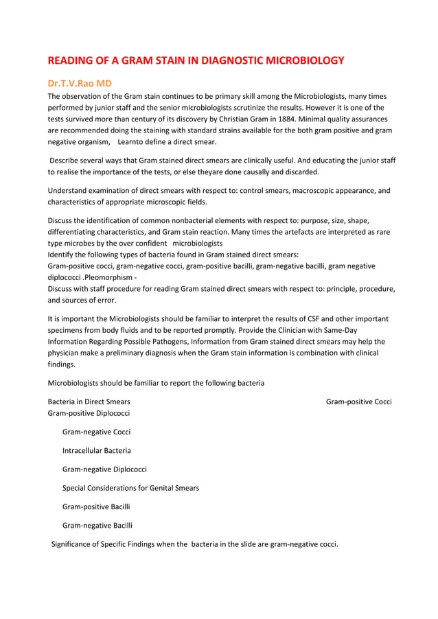 Reading of a gram stain in diagnostic microbiology | PDF