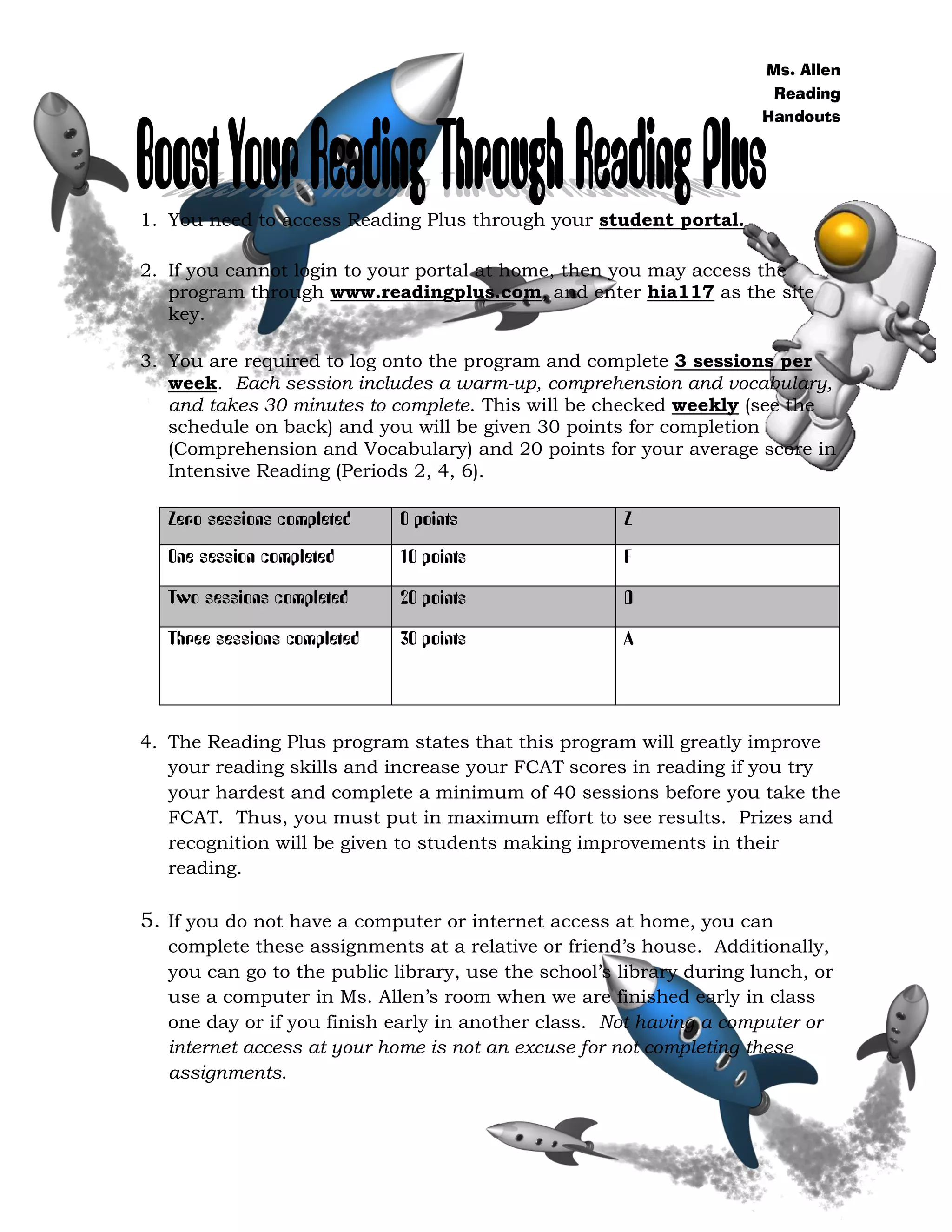 Reading plus instructions space points color | PDF | Homework and Study ...