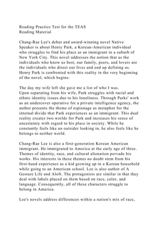 Reading Practice Test for the TEAS Reading MaterialChang-Rae L.docx