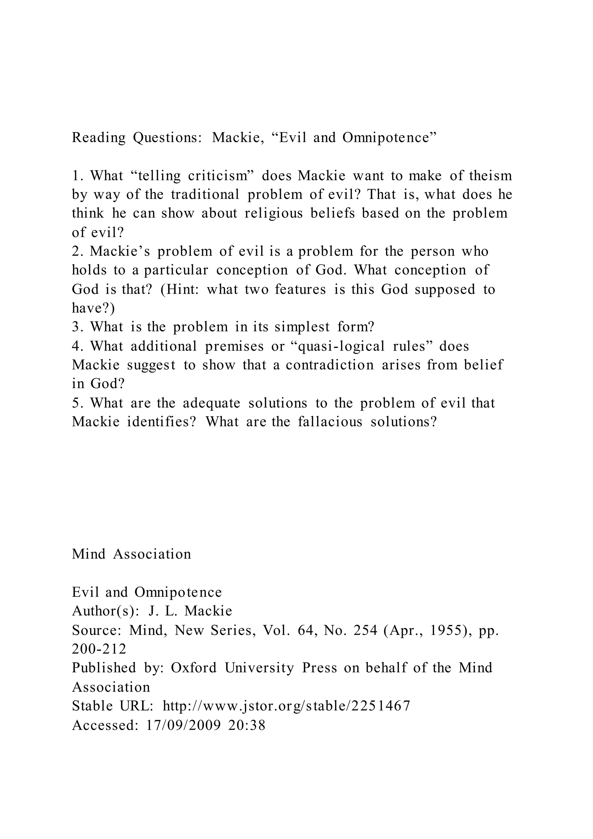 Reading questions mackie, evil and omnipotence” 1. what t | DOCX