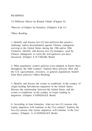 READINGS A Different Mirror by Ronald Takaki (Chapter 8) | DOCX