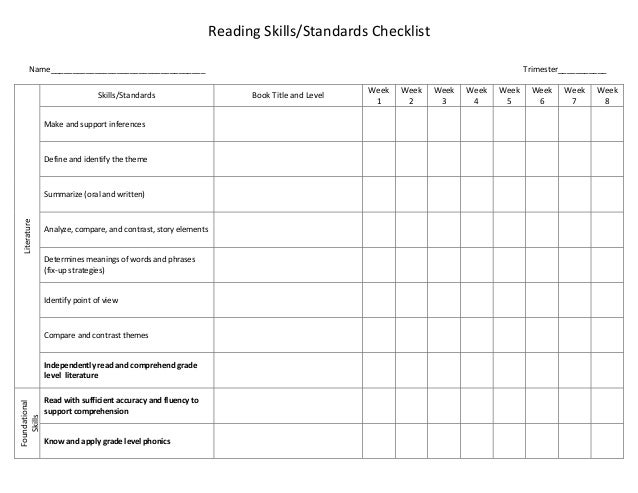 Reading Skills Checklist Crull 5th Grade Reading Skills Checklist Crull 5th Grade