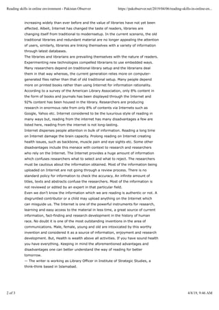 Reading skills in online environment By Abid Hussain Library Officer | PDF