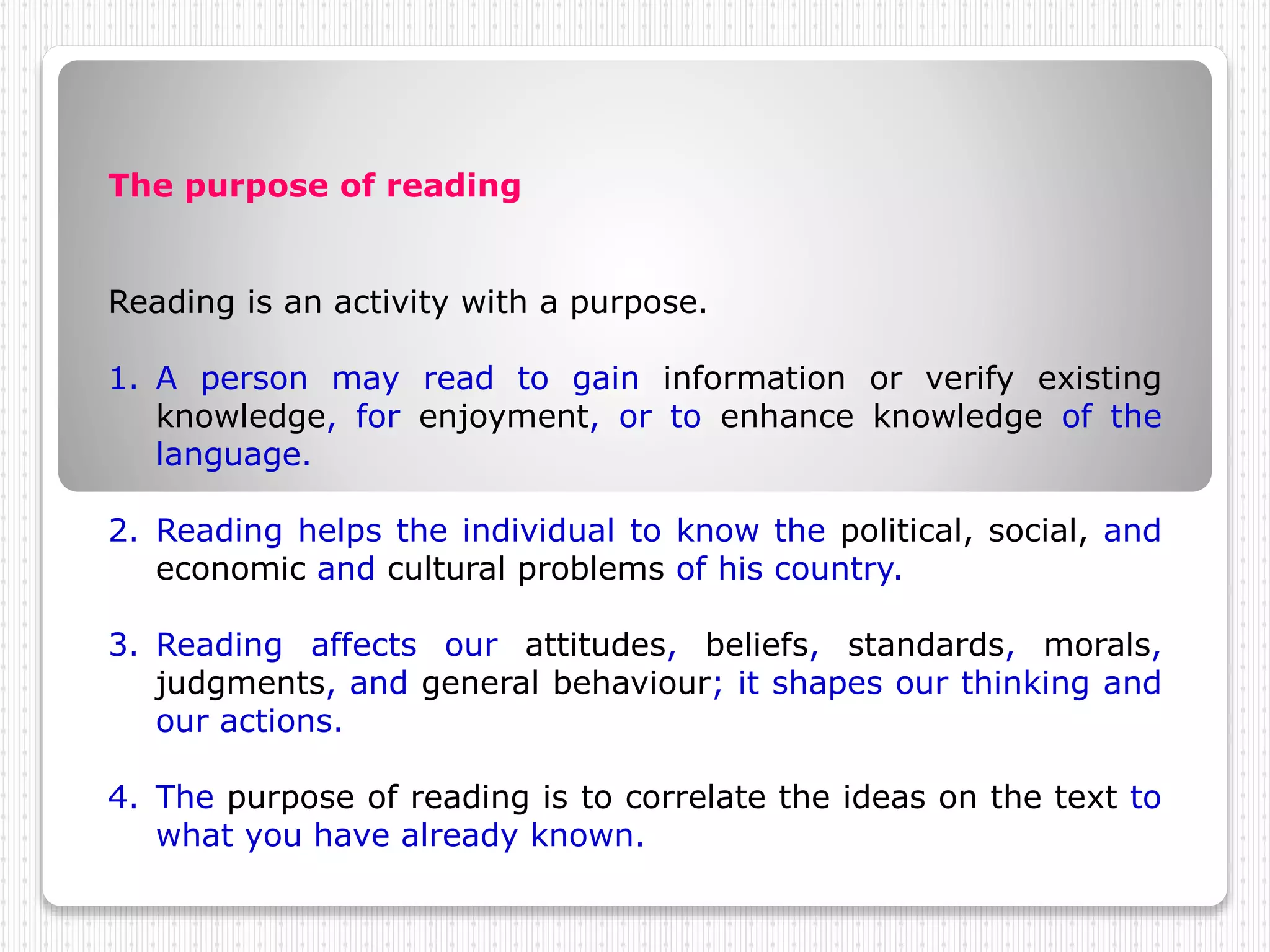 Reading skills - purpose and types of reading | PPTX