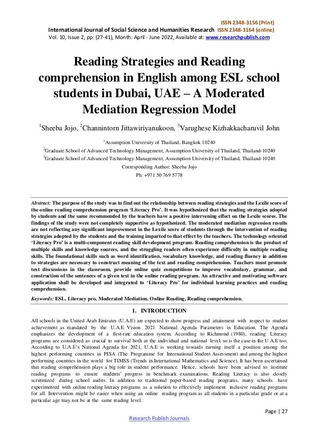 Reading Strategies and Reading comprehension in English among ESL school students in Dubai, UAE ...