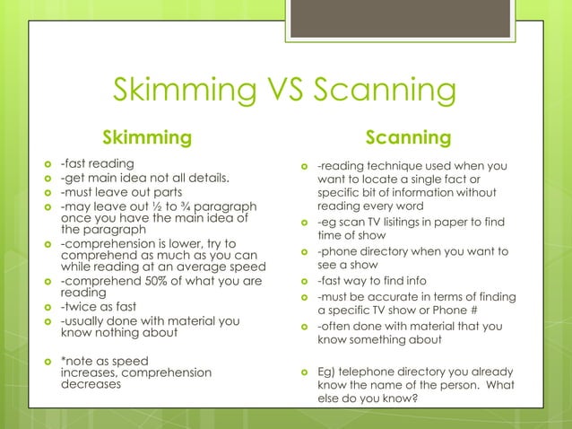 Reading techniques skimming vs scanning | PPT