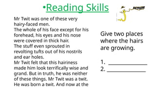 Reading comprehension style questions about Roald Dahl the twits | PPT