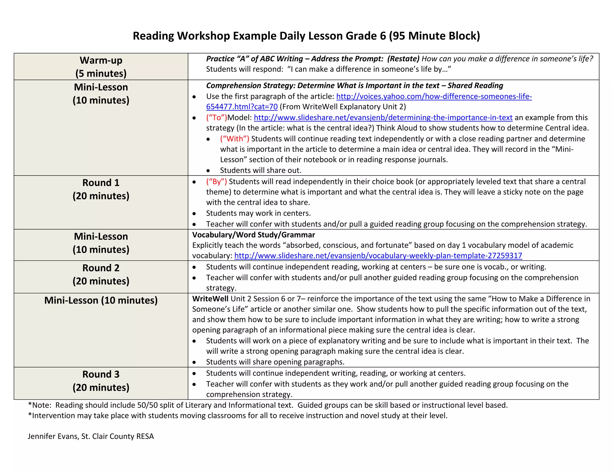 Reading workshop example lesson grades 6 | DOCX