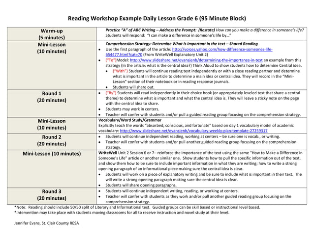Reading workshop example lesson grades 6 | DOCX | Educational ...