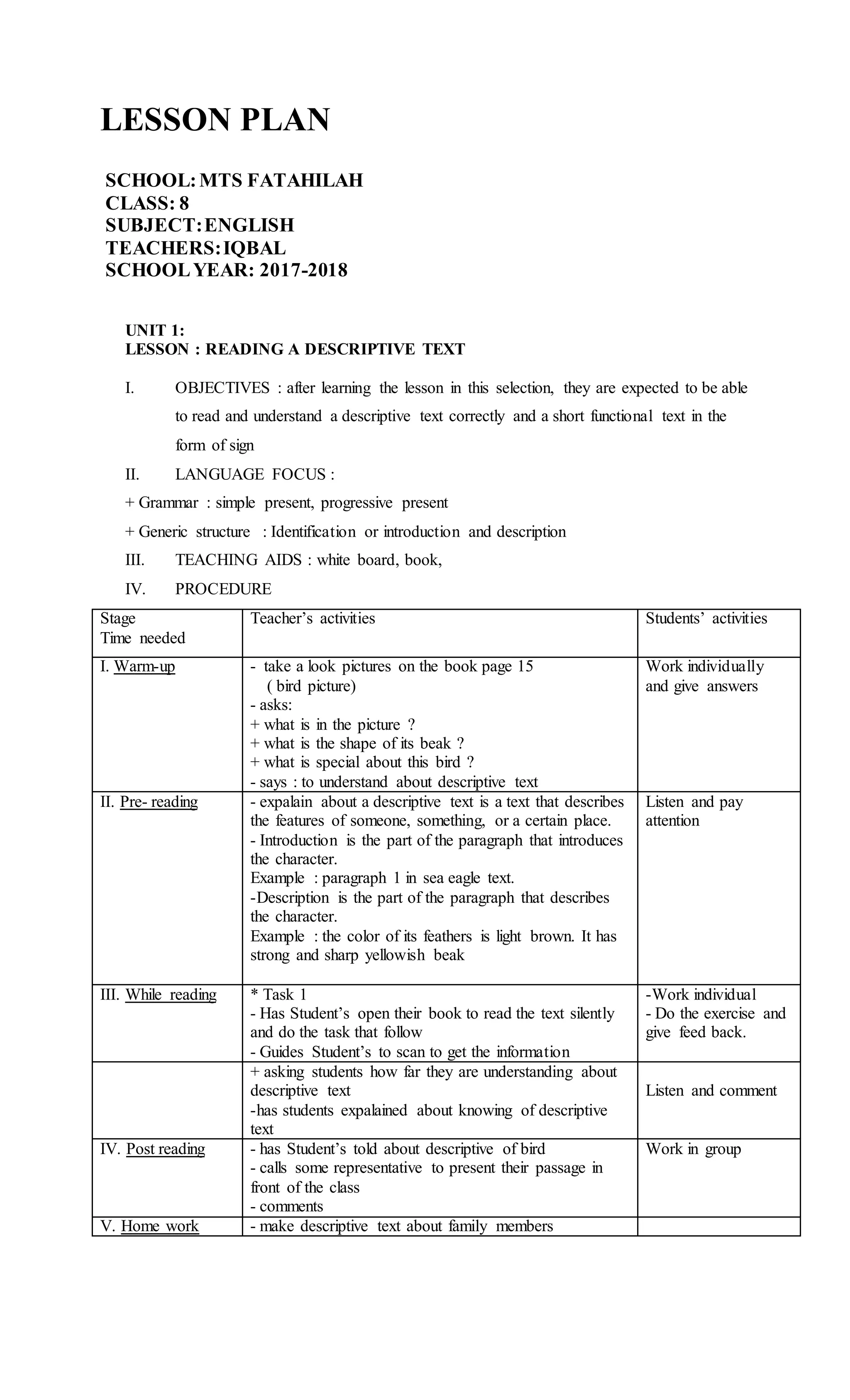 Reading & writing lesson mts | DOCX