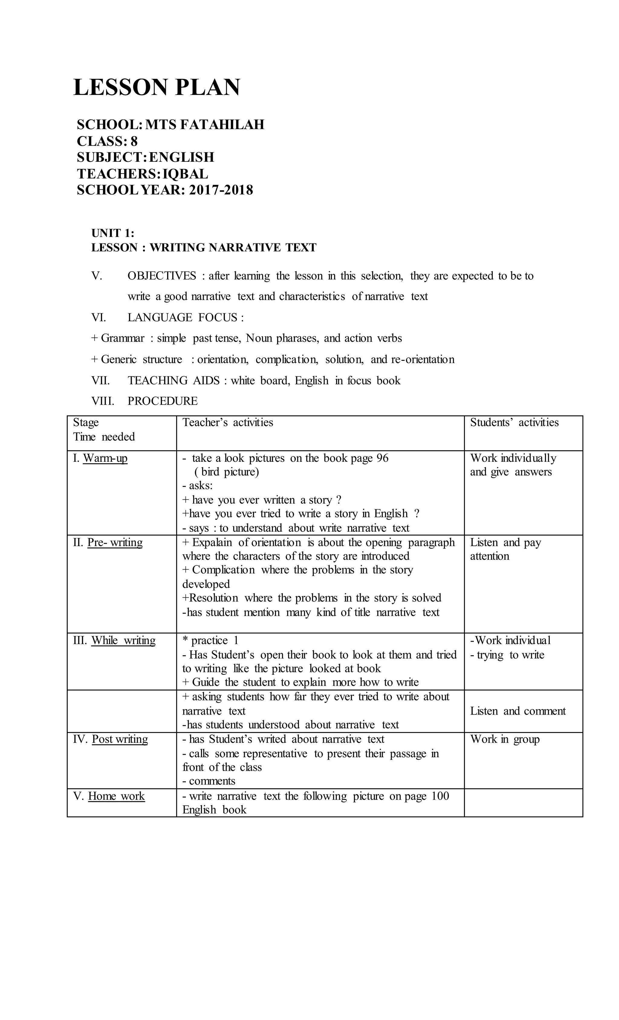 Reading & writing lesson mts | DOCX