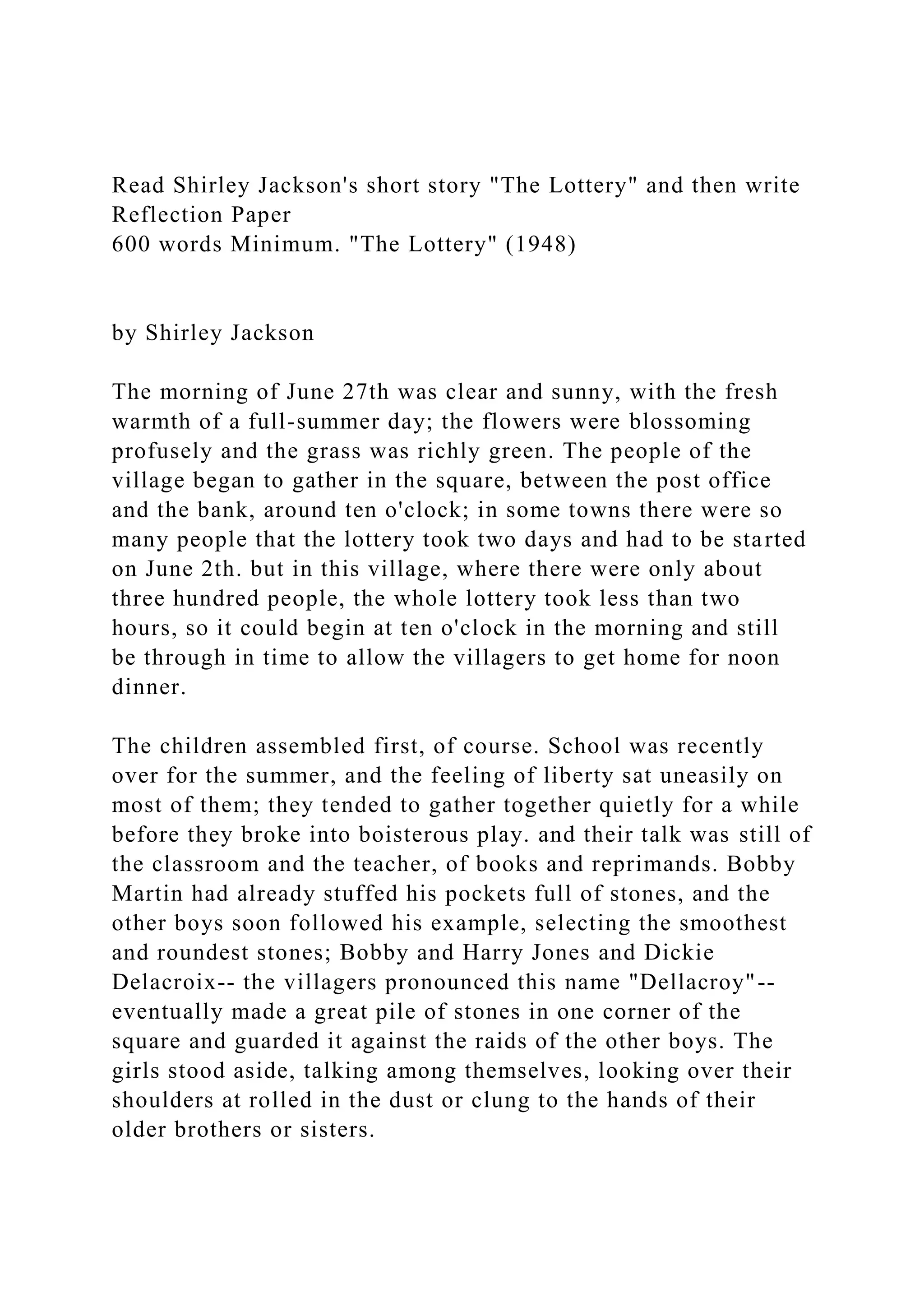 Read Shirley Jacksons short story The Lottery and then write Re.docx