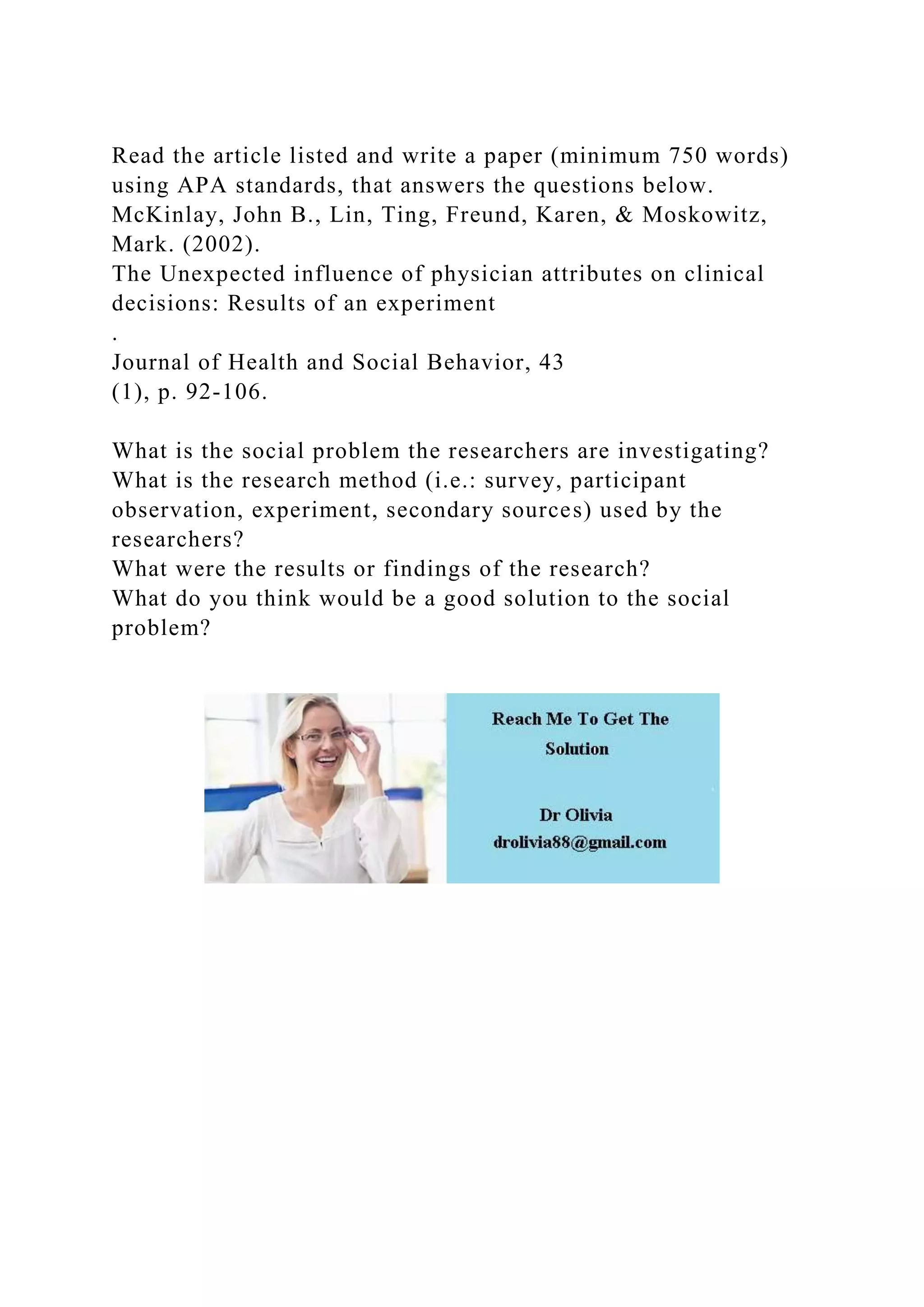Read the article listed and write a paper (minimum 750 words) using .docx