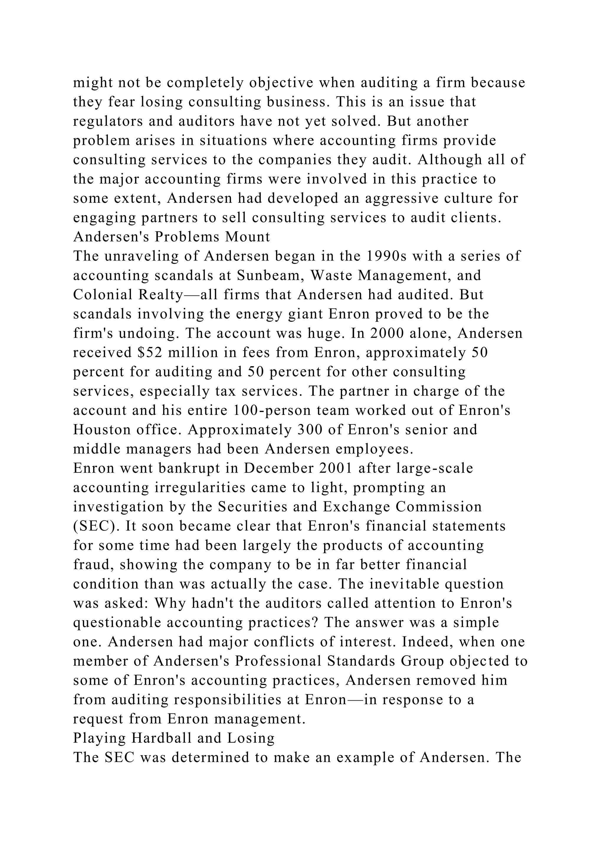 Read the Ethics case, A Sad Tale The Demise of Arthur Anderson .docx