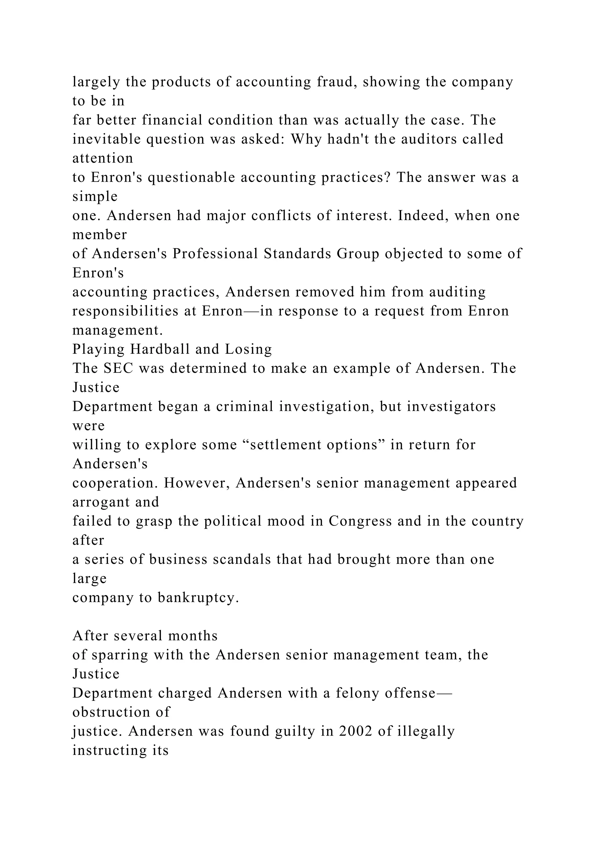 Read the Ethics case, A Sad Tale The Demise of Arthur Anderson .docx