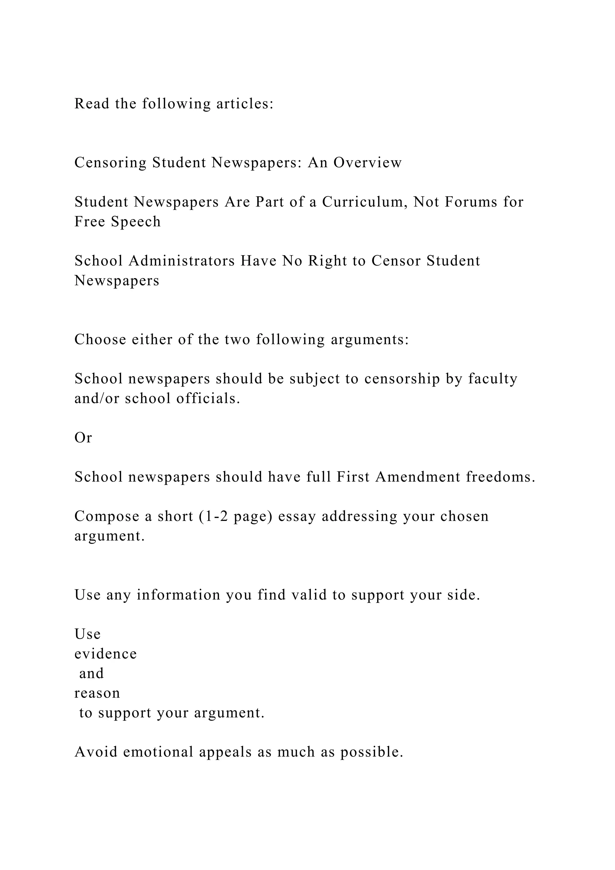 Read the following articlesCensoring Student Newspapers An O.docx