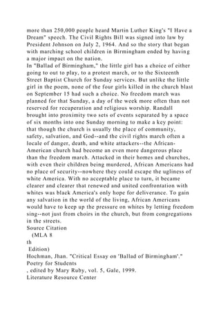 Read the poem Ballad of Birmingham,” by Dudley Randall, on p. 378.docx ...