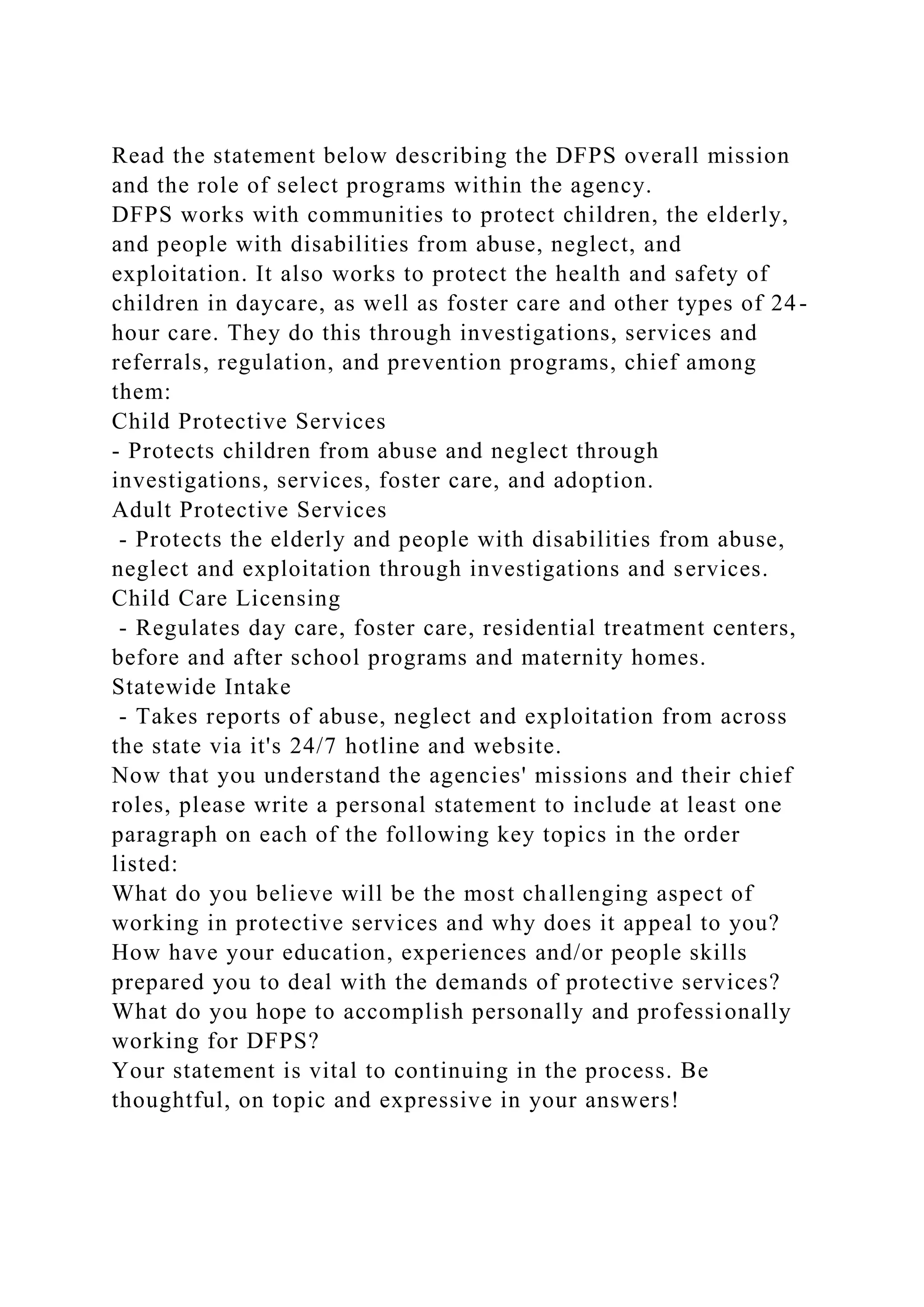 Read the statement below describing the DFPS overall mission and the.docx