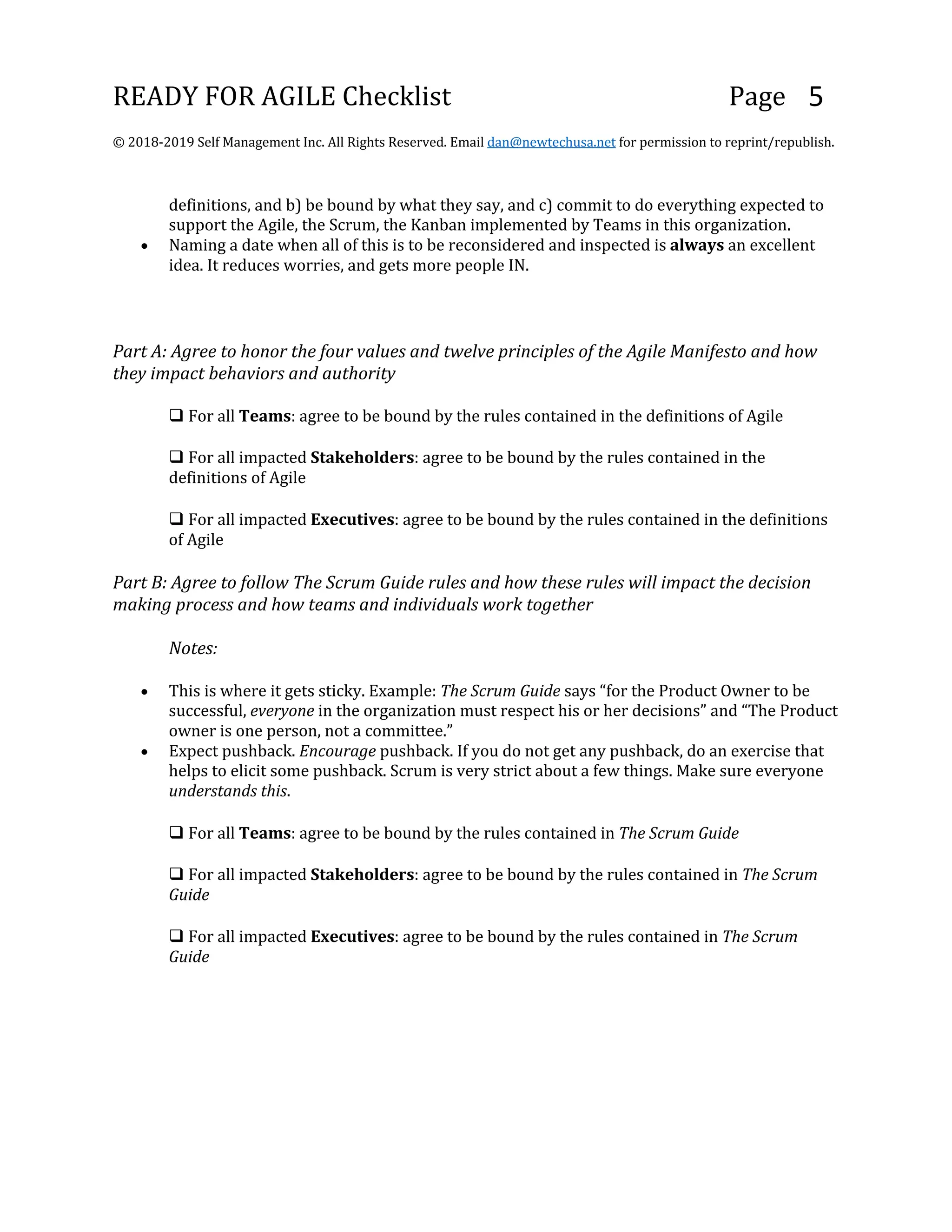 Ready For Agile Checklist - Inviting Leadership by Daniel Mezick | PDF