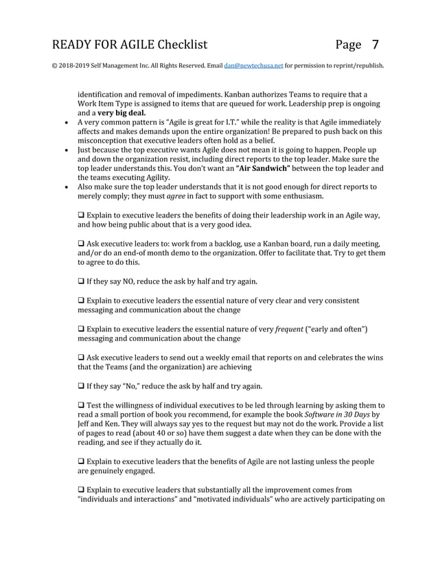 Ready For Agile Checklist - Inviting Leadership by Daniel Mezick | PDF