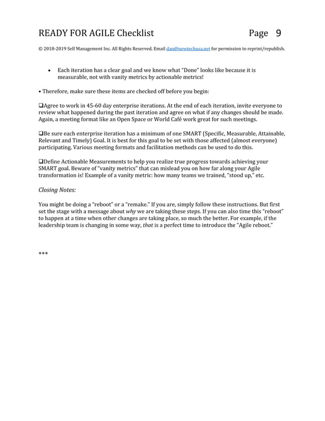 Ready For Agile Checklist - Inviting Leadership by Daniel Mezick | PDF