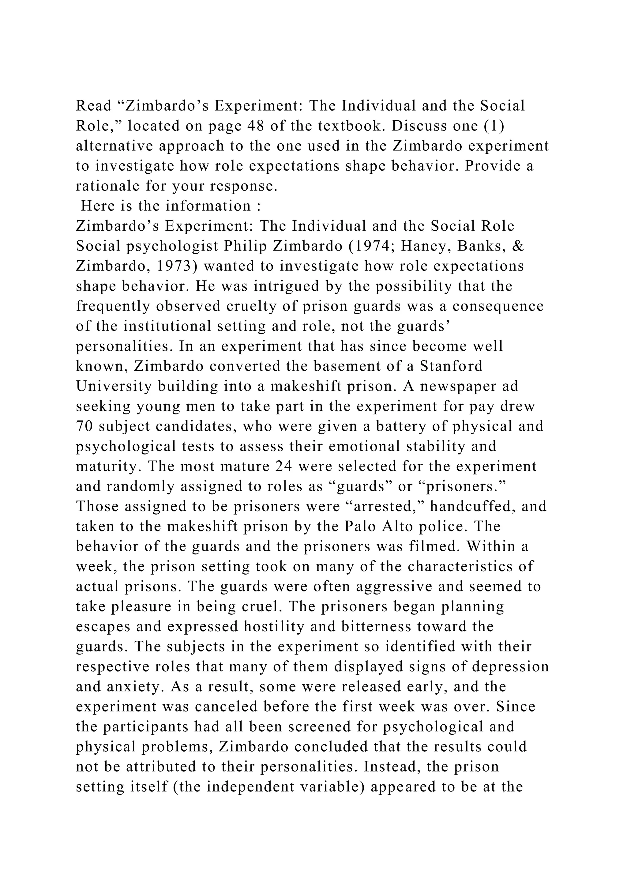 Read Zimbardo’s Experiment The Individual and the Social Role,” lo.docx