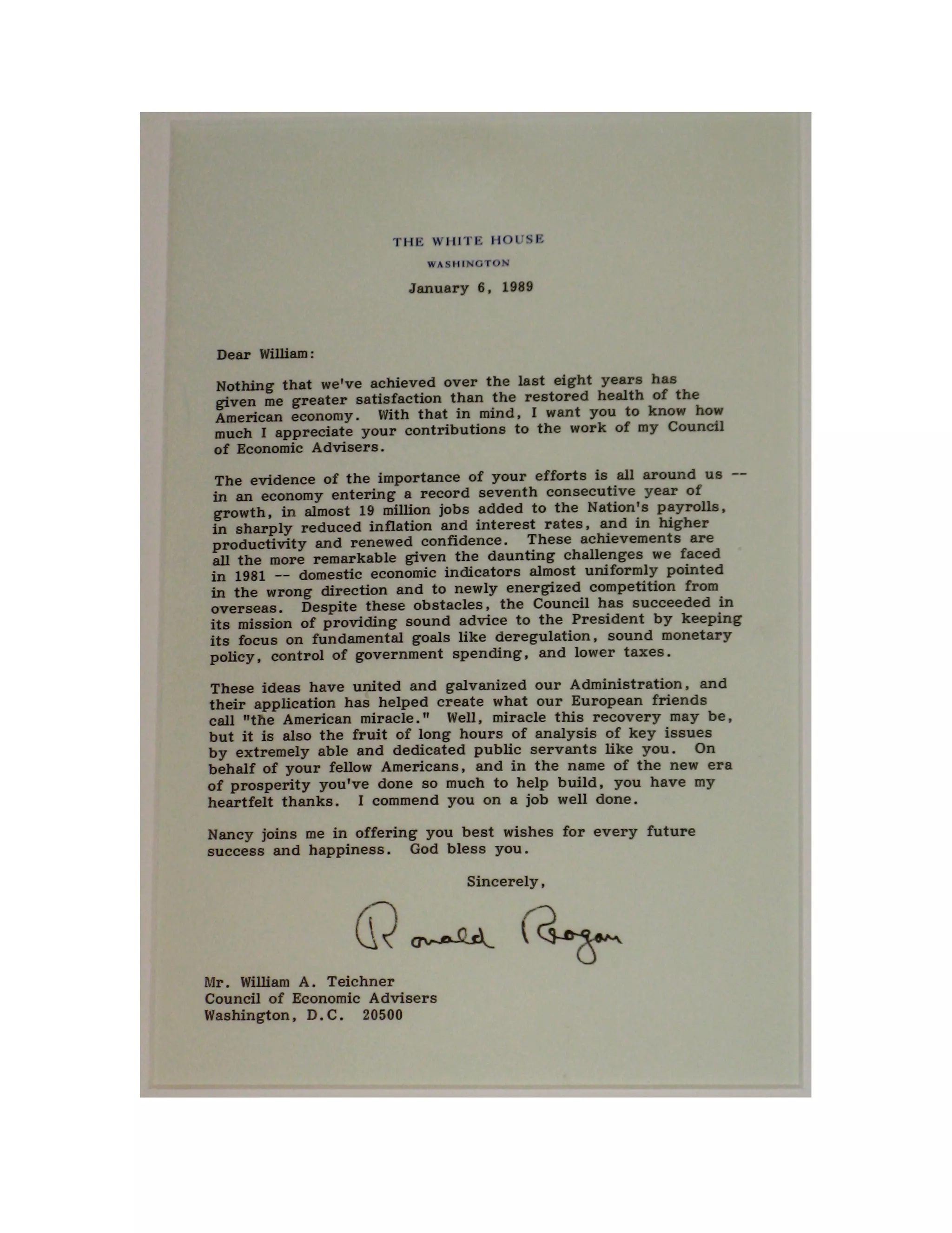 Letter from President Ronald Reagan to William Teichner | DOC