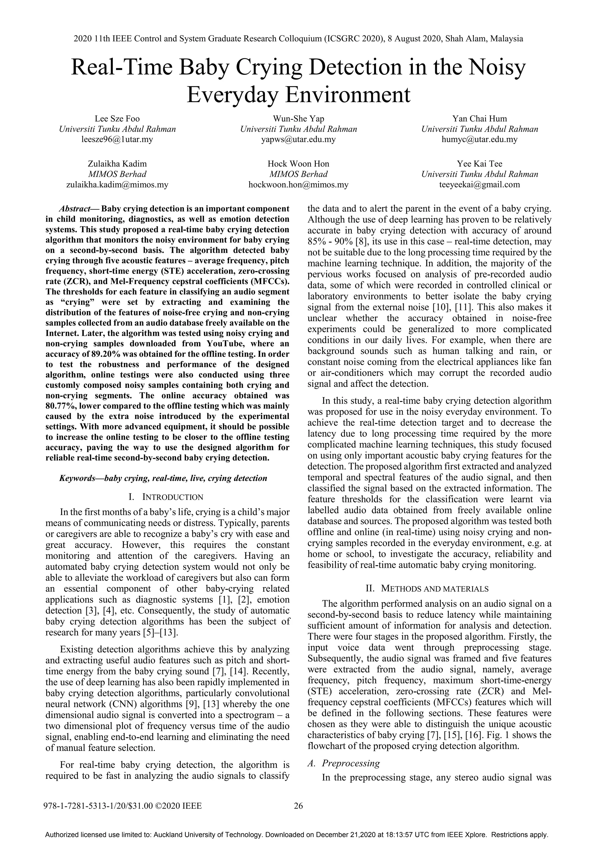 Real time baby crying detection in the noisy everyday environment | PDF