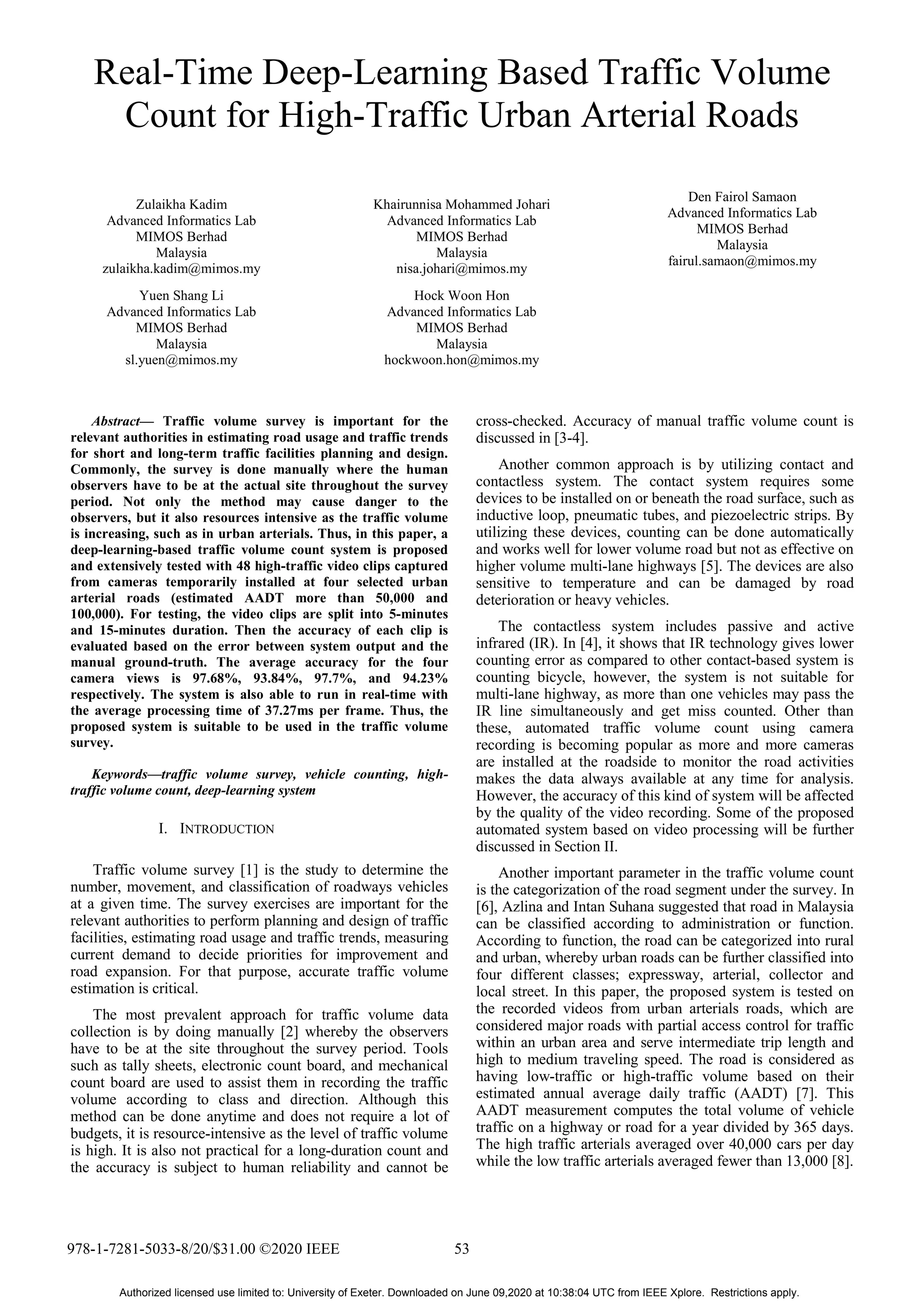 Real Time Deep Learning Based Traffic Volume Count For High Traffic Urban Arterial Roads Pdf