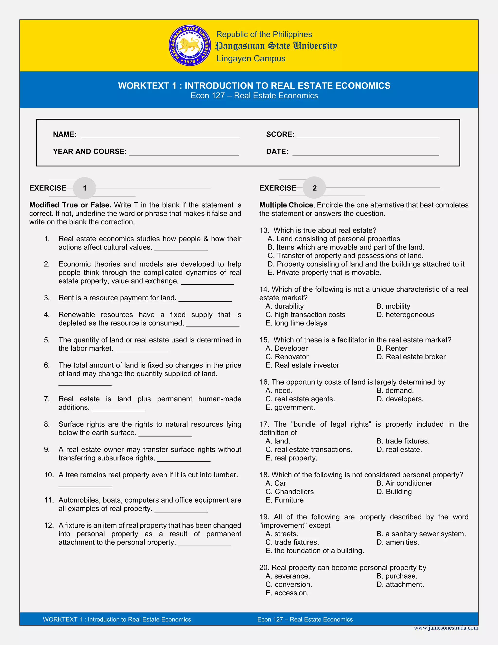 Real Estate Economics Worktext | PDF