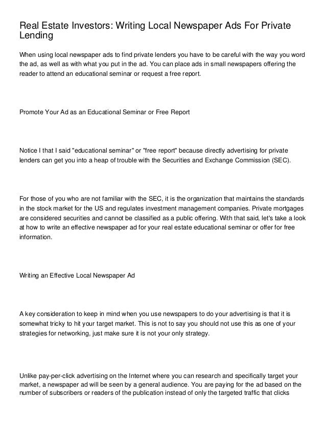 Real Estate Investors_ Writing Local Newspaper Ads For Private Lending