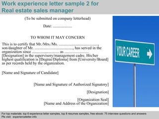 Real estate sales manager experience letter | PPT