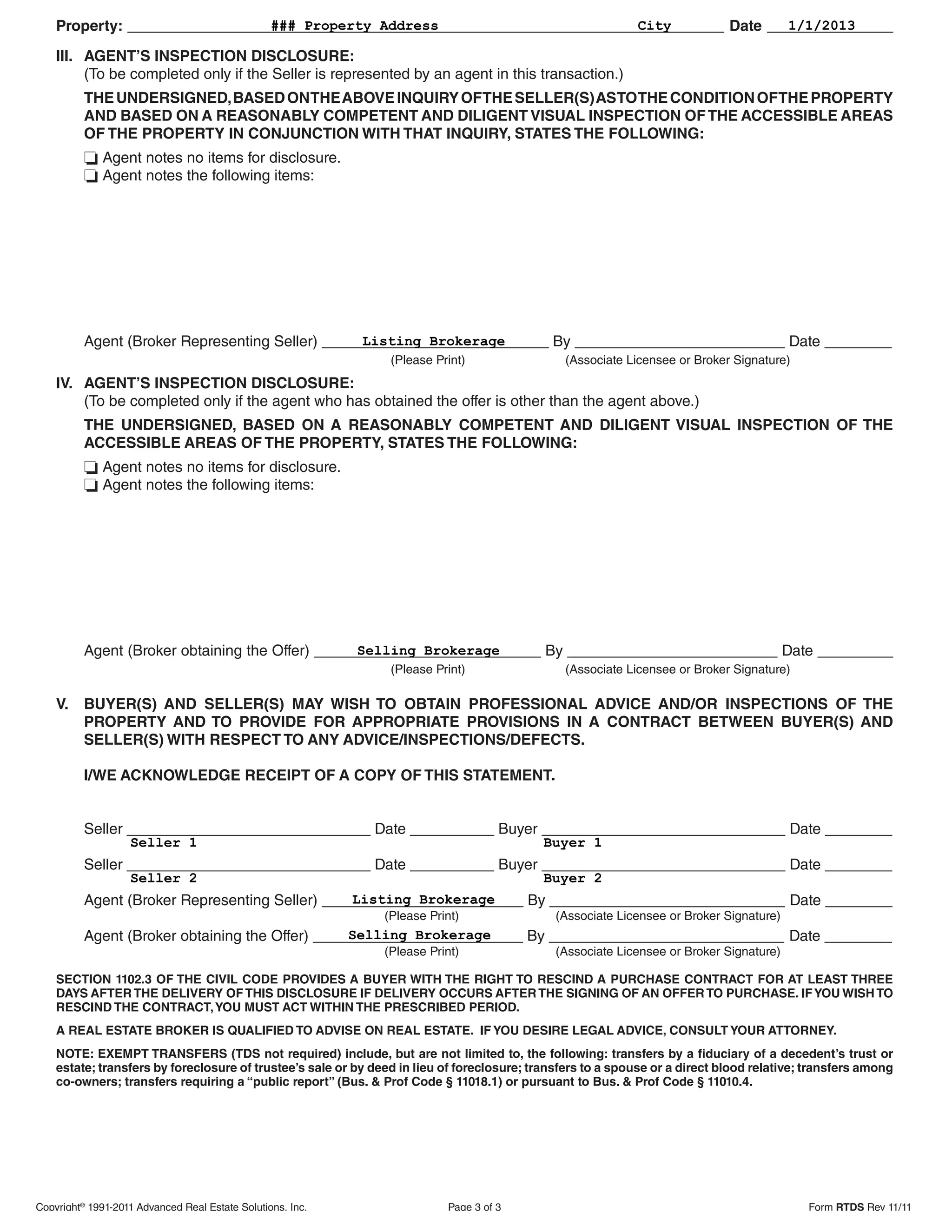 Real estate transfer disclosure statement (rtds) | PDF