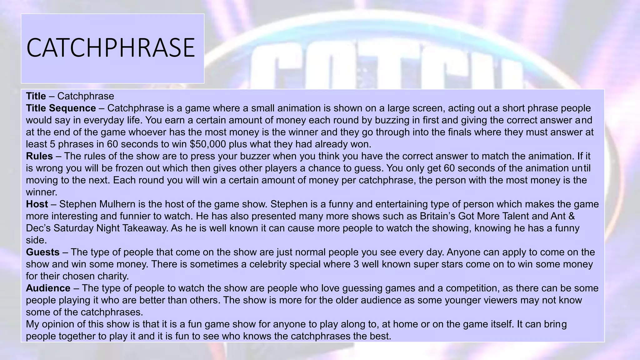 Gameshow Subgenres | PPTX