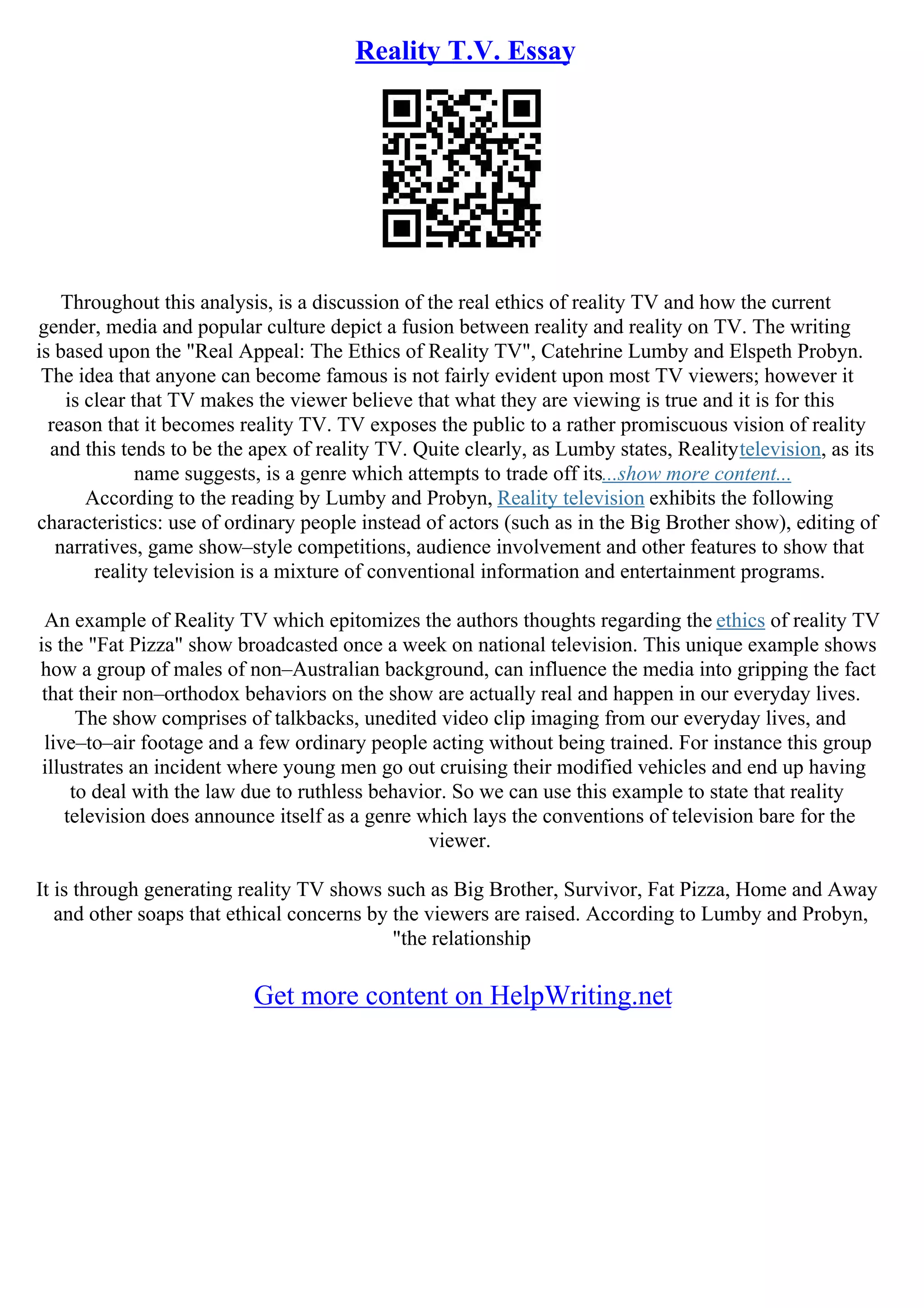 Reality Tv Essay | PDF | Free Download