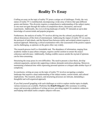 Reality Tv Essay. Bevill State Community College | PDF