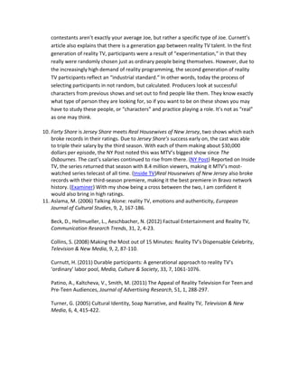 Reality tv final paper | DOCX | Television | Entertainment